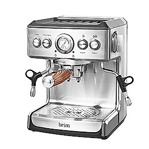 brim 19 Bar Espresso Machine, Fast Heating Cappuccino, Americano, Latte and Espresso Maker, Milk Steamer and Frother, Removable Parts for Easy Cleaning, Stainless Steel with Wood Accents