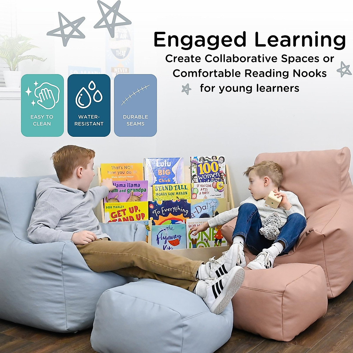 Children's Factory Cozy Chair and Ottoman Set, Flexible Seating Classroom Furniture, Comfy Kids Chairs, Fog Blue