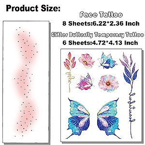 Tazimi Sweet Face Tattoos for Girls Women-8 Sheets Freckle Tattoos -6 Sheets Glitter Butterfly Temporary Tattoos for Halloween Parties Festival Makeup Rave Accessories Face Tattoos Sticker