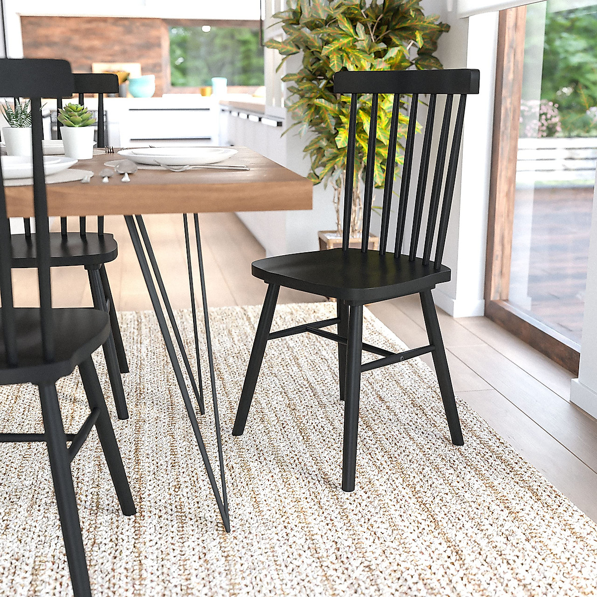 Flash Furniture Ingrid Commercial Grade Windsor Dining Chairs - Black Solid Wood Spindle Back Chairs - Armless Kitchen or Dining Room Chairs - No Assembly Required