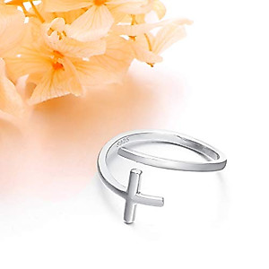 DAOCHONG Simple Cross Ring Sterling Silver Adjustable Cross Wrap Open Ring for Women Daughter Girlfriend Easter Gift, Size 6