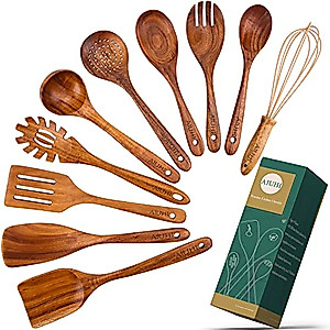 10 Pack Wooden Spoons for Cooking, Teak Wood Kitchen Utensils Set for Non Stick Use, Spatula Set for Stirring, Baking, Non Stick Wooden Utensils for Kitchen
