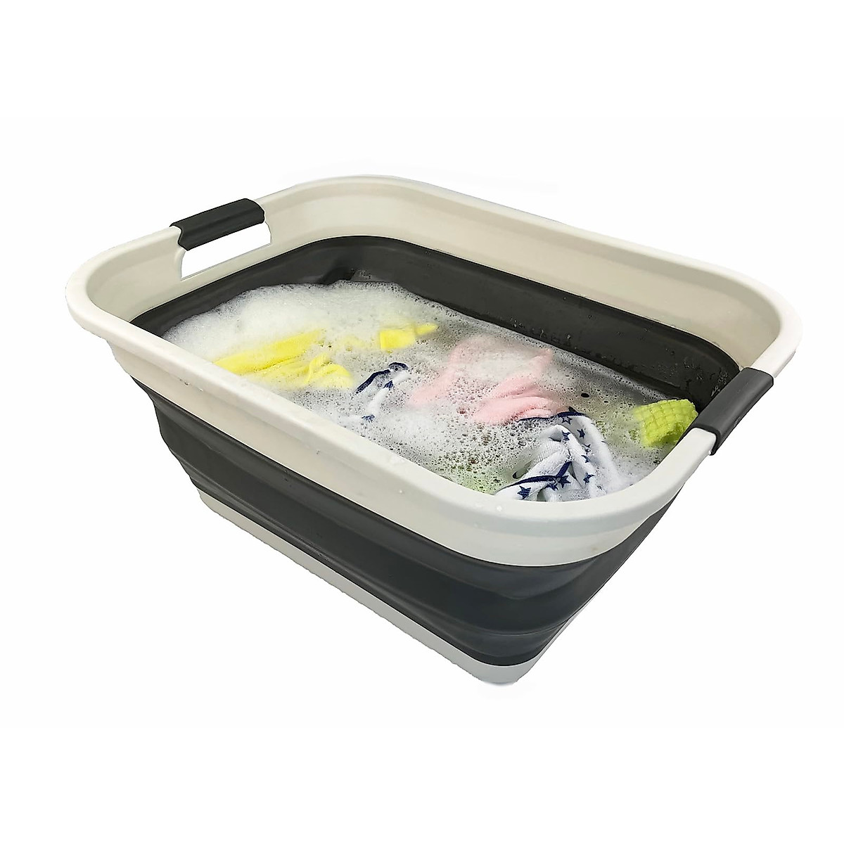 SAMMART 41L (10.8 gallons) Collapsible Plastic Laundry Washing Tub/Basket-Foldable Pop Up Storage Container/Organizer-Portable Laundry Hamper-Space Saving (1, Grey/Washed Black)