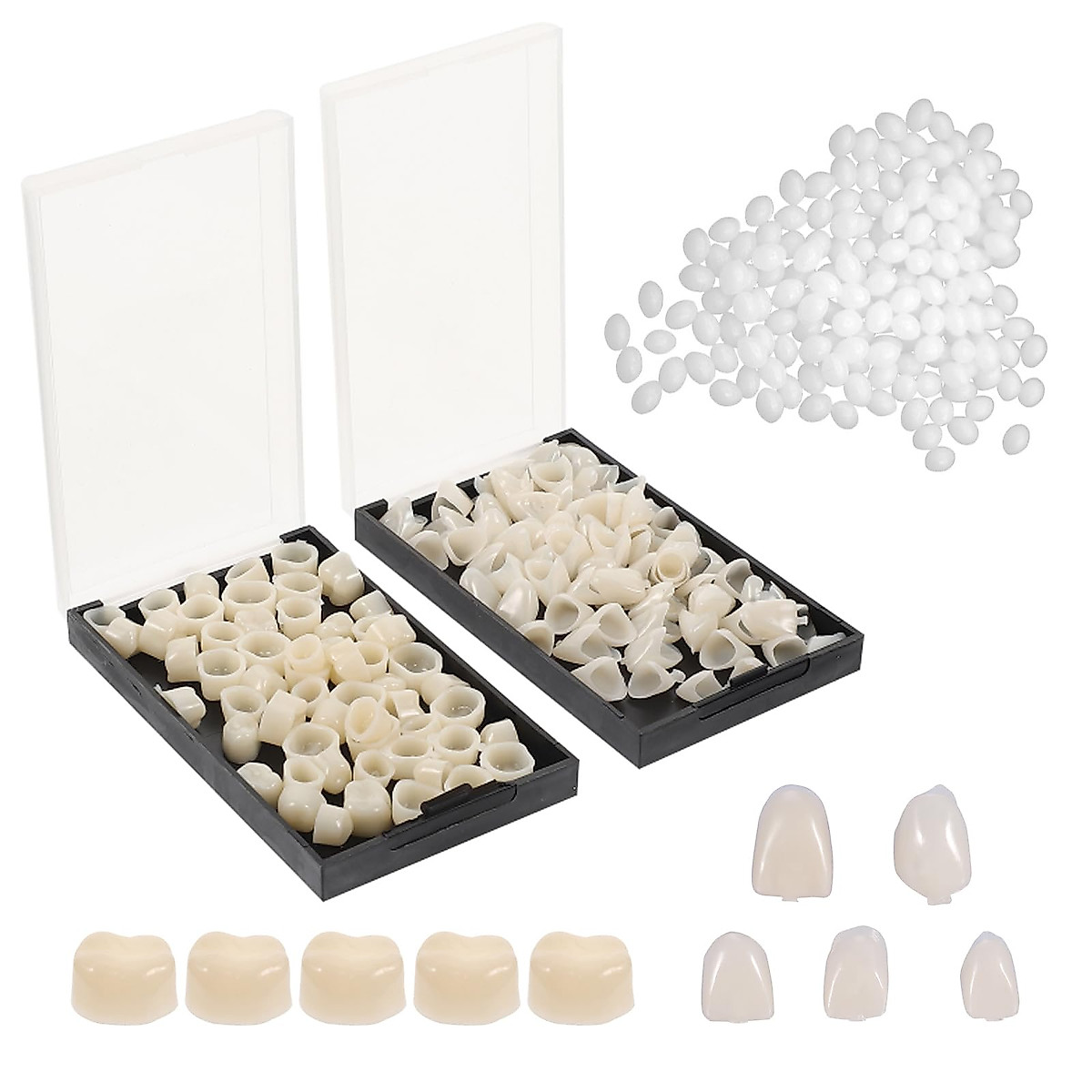 120 Pieces Fake Tooth Cap Crown Veneers Front Back Anterior and Molar Posterior Teeth with Tooth Repair Thermal Beads Cap Filler for Taching or DIY