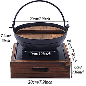 Hgjgwqh Japanese Style Cast Iron Shabu Shabu Hot Pot Sukiyaki Nabe with Wood Lid and Cooking Stove Traditional Nonstick Cookware Serveware for Sukiyaki Noodle Ramen Soup,20cm/7.9inch
