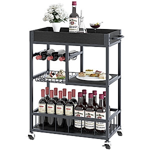 Azheruol Bar Cart with Basket 3 Tiers Home Rolling Wine Rack with Wheels Mobile Kitchen Industrial Vintage Style Wood Metal Serving Trolley Serving Cart,Black Frame Home Kitchen Shelf for Party