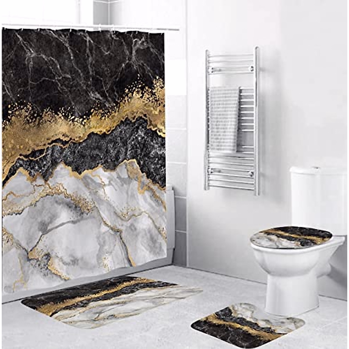 Nuseiis 4PCS Black Marble Shower Curtain Sets with Non-Slip Rugs,Bath Mat and Toilet Lid Cover,Shower Curtain Sets for Bathroom, Gold Modern Bathroom Sets with Shower Curtain and Rugs and Accessorie