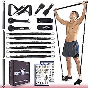 INNOCEDAR Home Gym Bar Kit with Resistance Bands,Portable Gym Full Body Workout,Adjustable Pilates Bar System,Safe Exercise Weight Set,Home Exercise Equipment for Men&Women- Muscle&Fitness (Black)