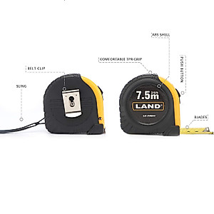 LAND 25Ft Retractable Measuring Tape - 2 Pack Heavy Duty Tape Measure, Inch/Metric Double Scale, Sturdy Matte Blade, Magnetic Hook For Measurement Alone, TPR Rubber Protective Case (25FT(2 PACK))