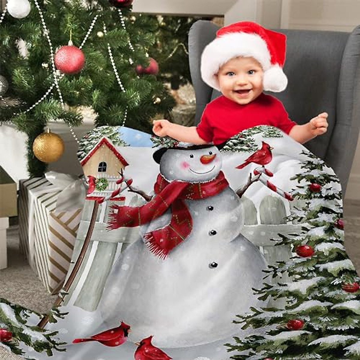 Christmas Fleece Blanket for Bed, Snowman and Birds Flannel Throw Blanket for Kids and Adults - Super Soft Plush Snowman Blanket Throw Plush Blanket for Snow Lovers 40X50 Inches