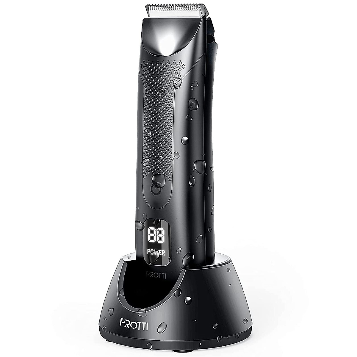 protti Body Trimmer for Men, Electric Groin Hair Trimmer, Waterproof Wet/Dry Clippers, Rechargeable Ball Shavers with Replaceable Ceramic Blade Heads, Recharge Dock, LED Light, 120 Min Battery Life