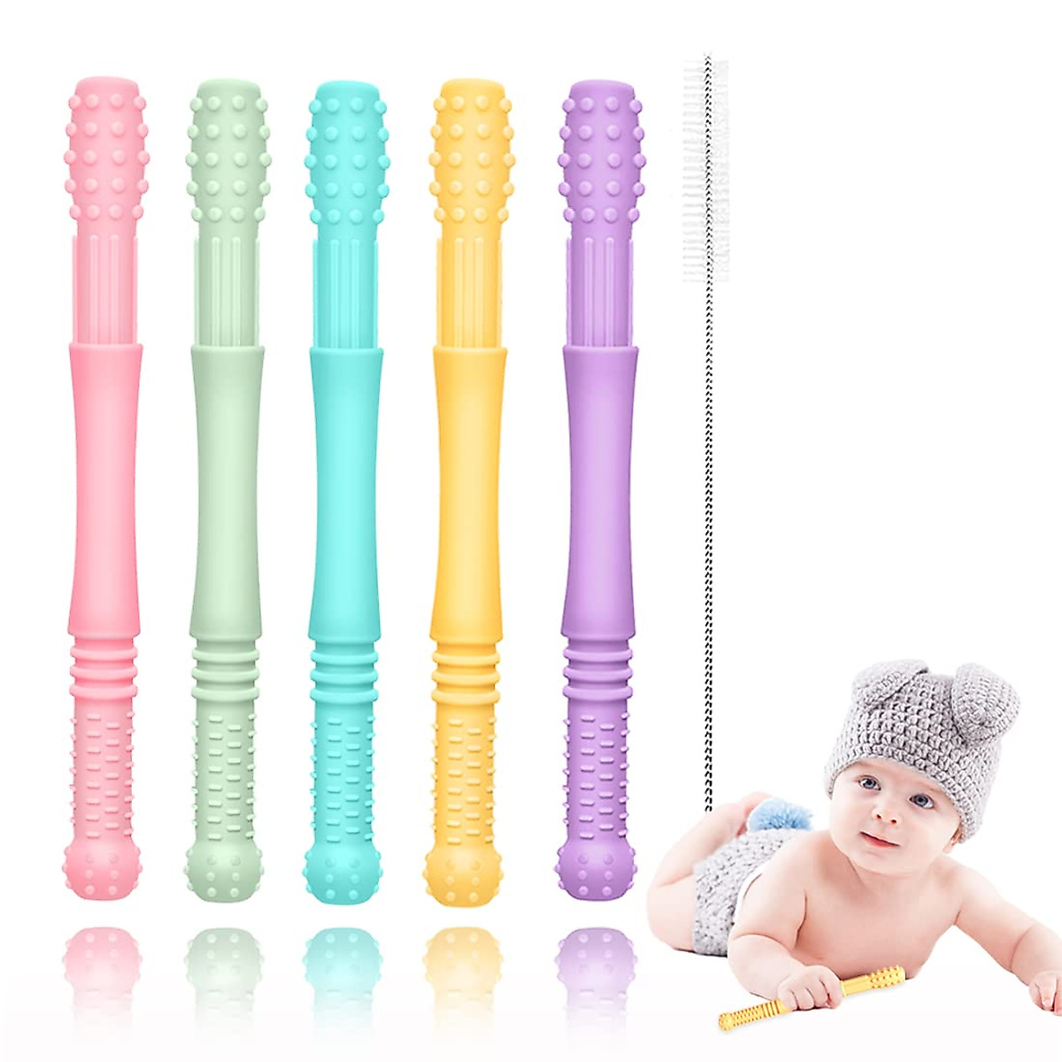 Baby Teething Toys for 0-6 Months 6-12 Months, Hollow Teething Tubes, Silicone Baby Teether Toys, Teething Straw Sticks for Babies, Chew Straw Newborn Toys for Infants with a Cleaning Brush (5 Packs)
