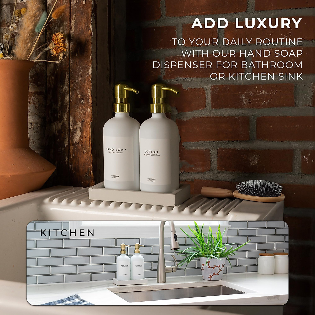 MaisoNovo Soap Dispenser 3-Piece Set | 16.9oz White Bottles with Gold Stainless Steel Pumps