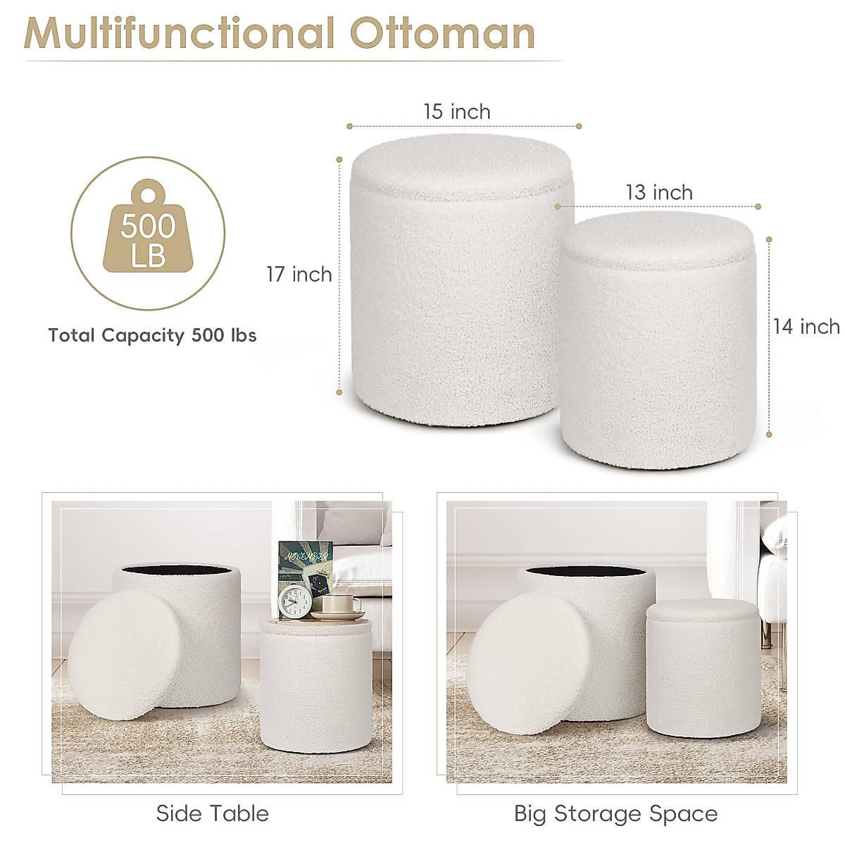 OGEMXU 2 Set Round Ottoman with Storage, Boucle Teddy Ottoman Vanity Stool, Storage Ottoman for Bedroom Living Room, Modern Multifunctional Foot Rest Stool for Bedroom, Living Room, Dorm (White)