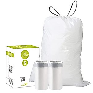 DisplayForever Code G (50 Count) 8 Gallon Heavy Duty Drawstring Plastic Trash Bags Compatible with simplehuman Code G 1.2 Mil White Drawstring Garbage Liners 8 Gallon/30 Liter