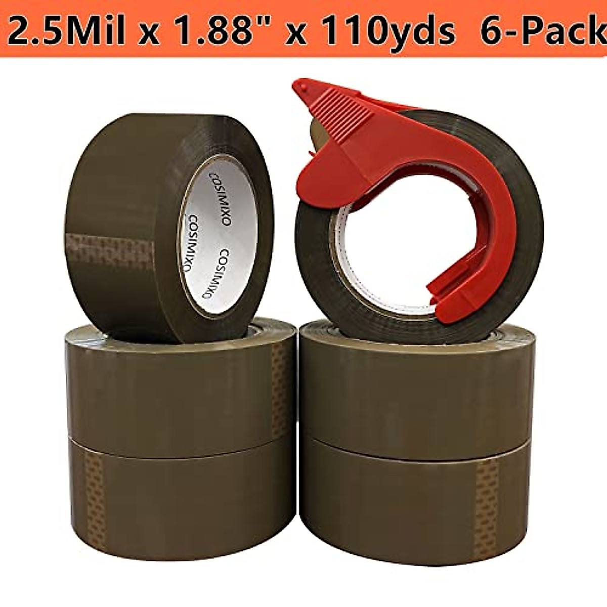 COSIMIXO 6-Pack Heavy Duty Brown Packing Tape with Dispenser, 2.5 mil x 1.88 inch x 110 Yards,Ultra Strong,Industrial Shipping Box Tan Packaging Tape for Moving, Office, & Storage