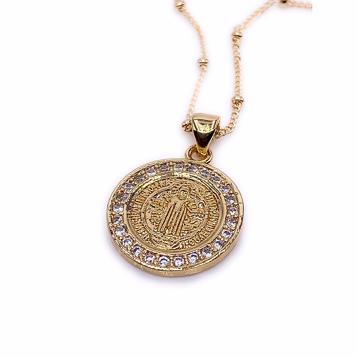 LESLIE BOULES 18K Gold Plated Saint Benedict Pendant Necklace Religious Jewelry for Women