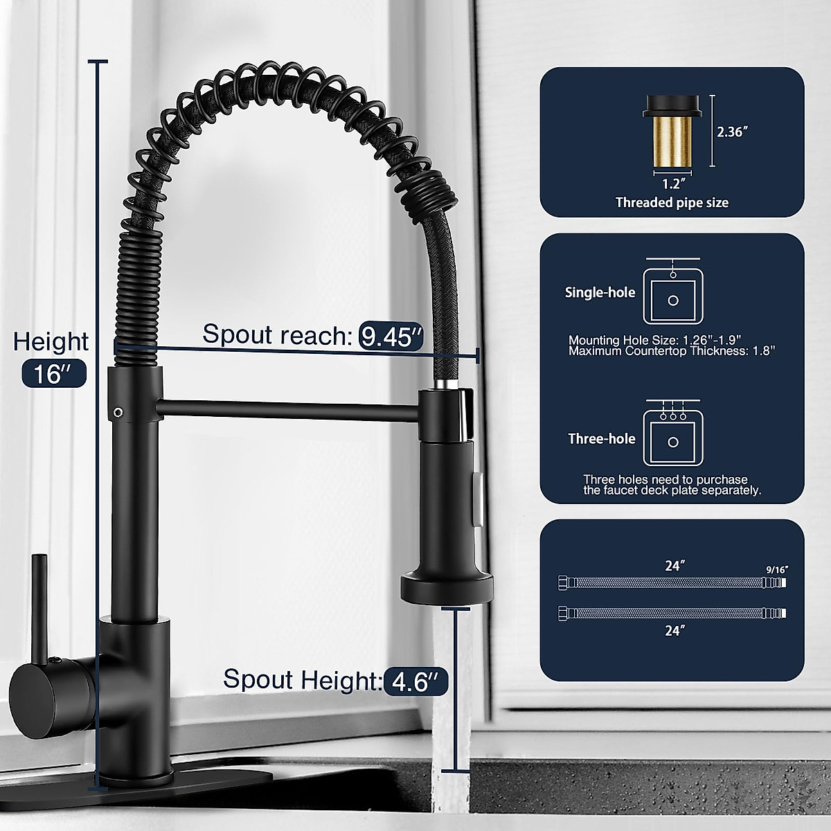 ZSW Kitchen Faucets with Pull Down Sprayer, Commercial Industrial Spring Single Handle Stainless Steel & Solid Brass Kitchen Sink Faucets for Farmhouse Camper Kitchen Rv (Matte Black)