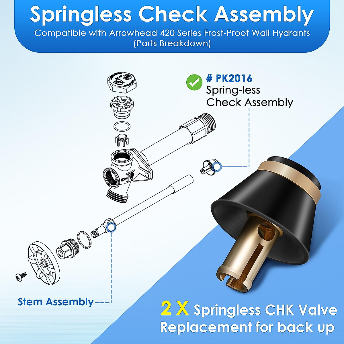 Ceoighe 2 Pack Springless CHK Valve Replacement for PK2016 420 Series, Springless Check Assembly Compatible with Arrowhead Frost-Proof Wall Hydrants, Repair Parts for Stem Assembly