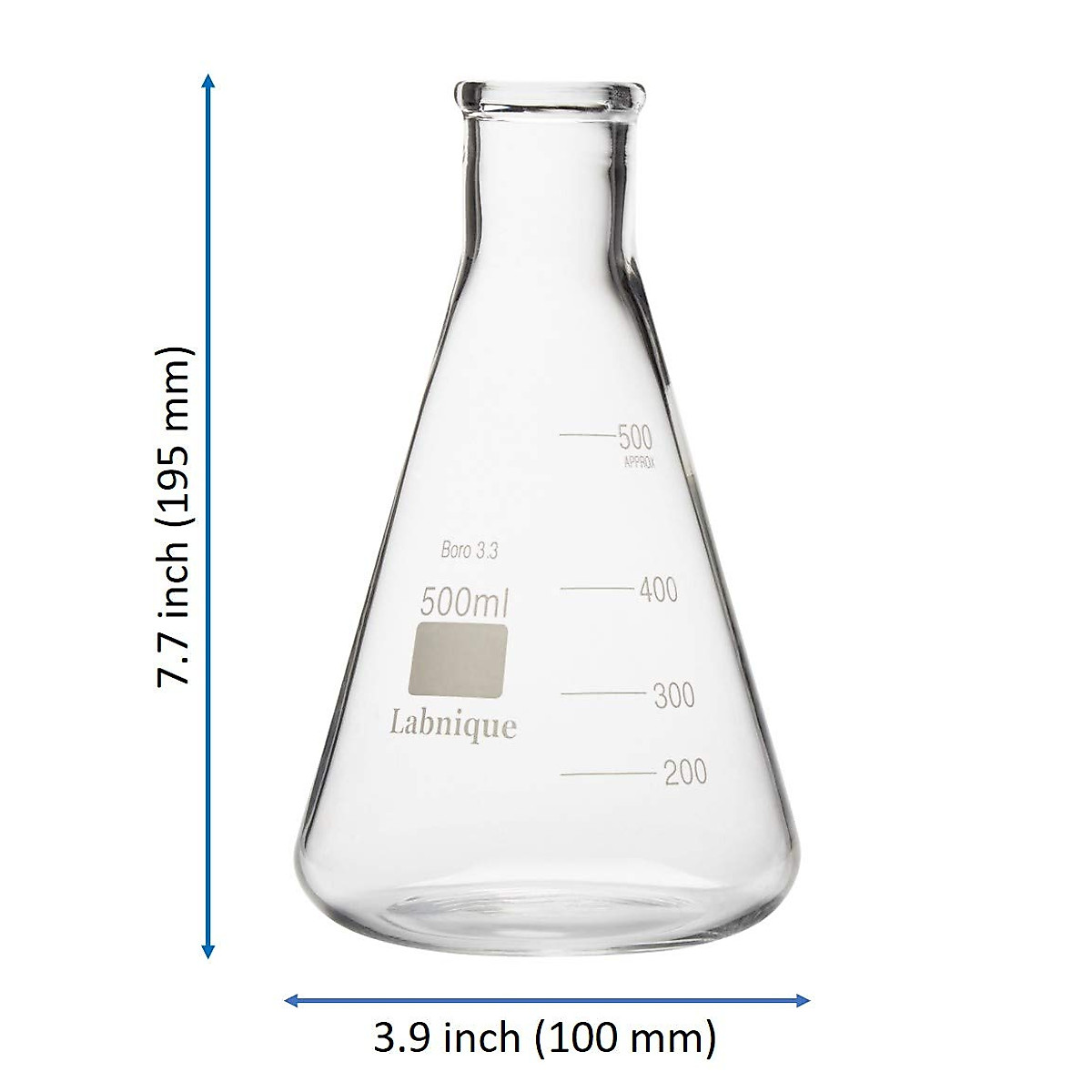 Labnique Borosilicate 3.3 Glass Conical Flask, Erlenmeyer Flask with Narrow Mouth, Graduated, Double Boxed, 500ml (Pack of 8)