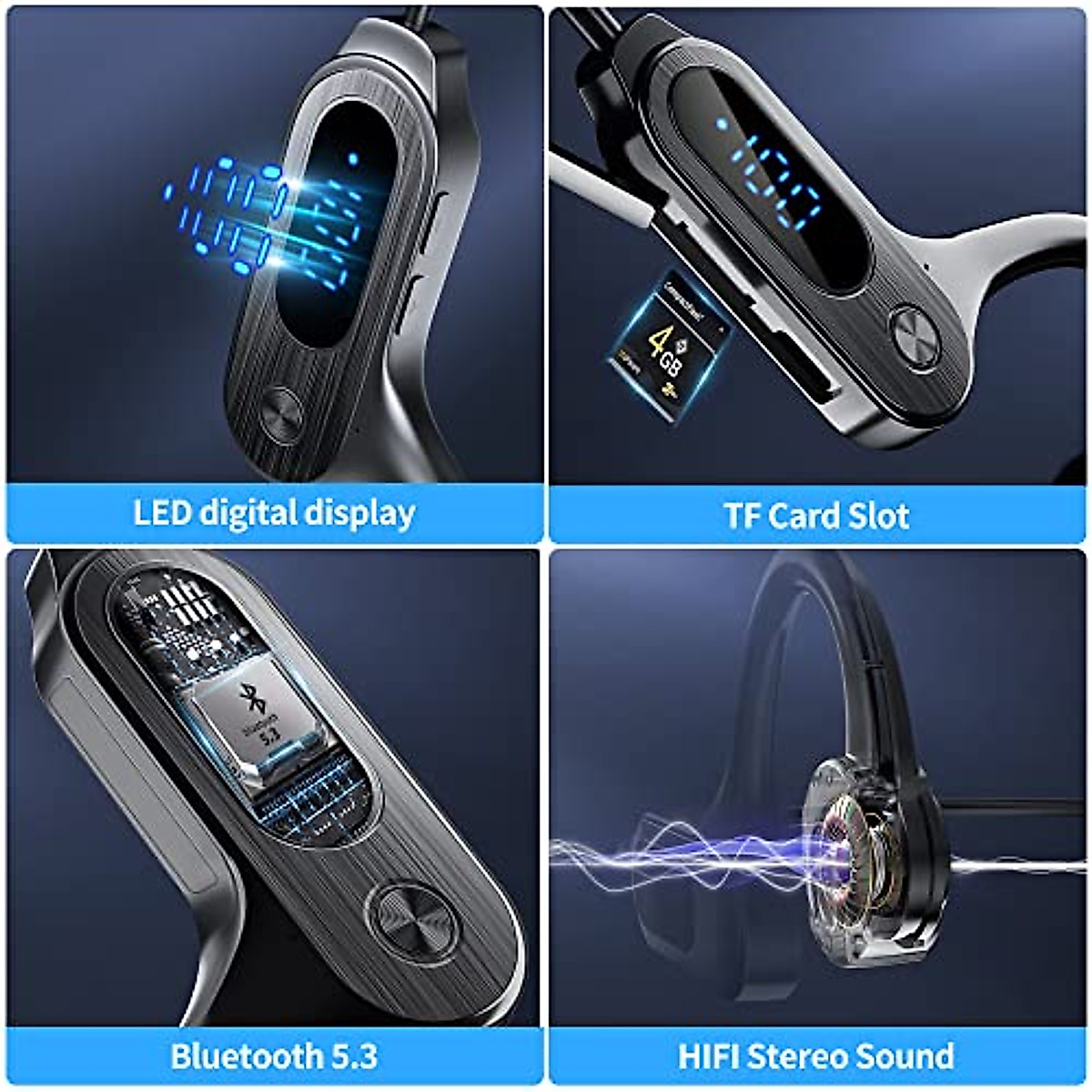 Bone Conduction Headphones, Sports Open Ear Wireless Bluetooth Headset with Microphone, LED Power Display TF Card Slot Sweatproof Earphones Bluetooth 5.3 for Running, Gym, Hiking, Cycling-Black