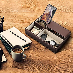 Baoyun Mens Valet Tray Organizer - Leather Nightstand Dresser Top Box with 5 Compartment for Accessories, Wallet, Phone, Keys (Brown)