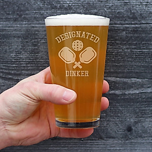 Designated Dinker - Pint Glass for Beer - Funny Pickleball Themed Decor and Gifts - 16 oz Glasses