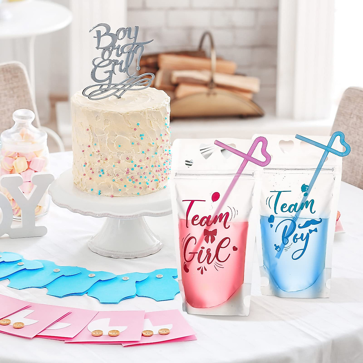 36 Pcs Gender Reveal Drink Pouch Cups with Straws Plastic Stand up Drink Pouch Bags Hand Held Translucent Reclosable Zipper Juice Pouches Team Boy Team Girl Gender Reveal Party, Pink and Blue, 17 oz