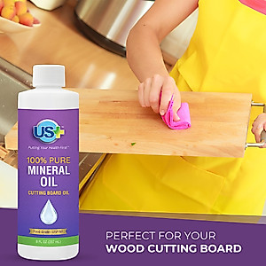 8oz US+ 100% Pure Mineral Oil - Cutting Board Oil - Food-Grade - USP - GMO-Free - Restores & Protects Cutting Boards, Butcher Blocks, Countertops, Steel Surfaces & More