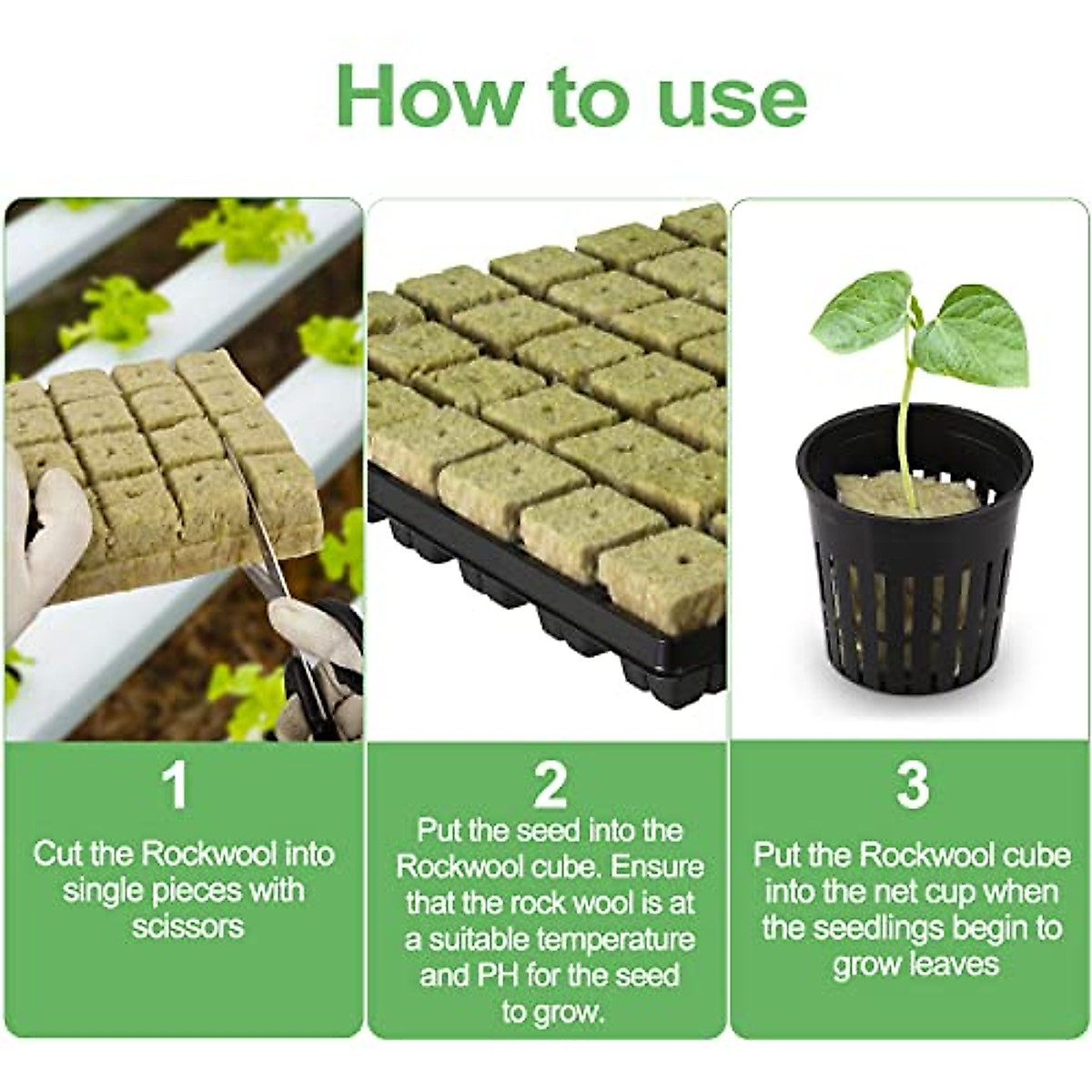 72 Sets Rockwool Cubes and Net Pots, 1.2 * 1.2 * 1.5 inch Rock Wool 72 Plugs & 72-Pack 2inch Net Cups for Hydroponics Growing Systemm, Garden Tower Supplies