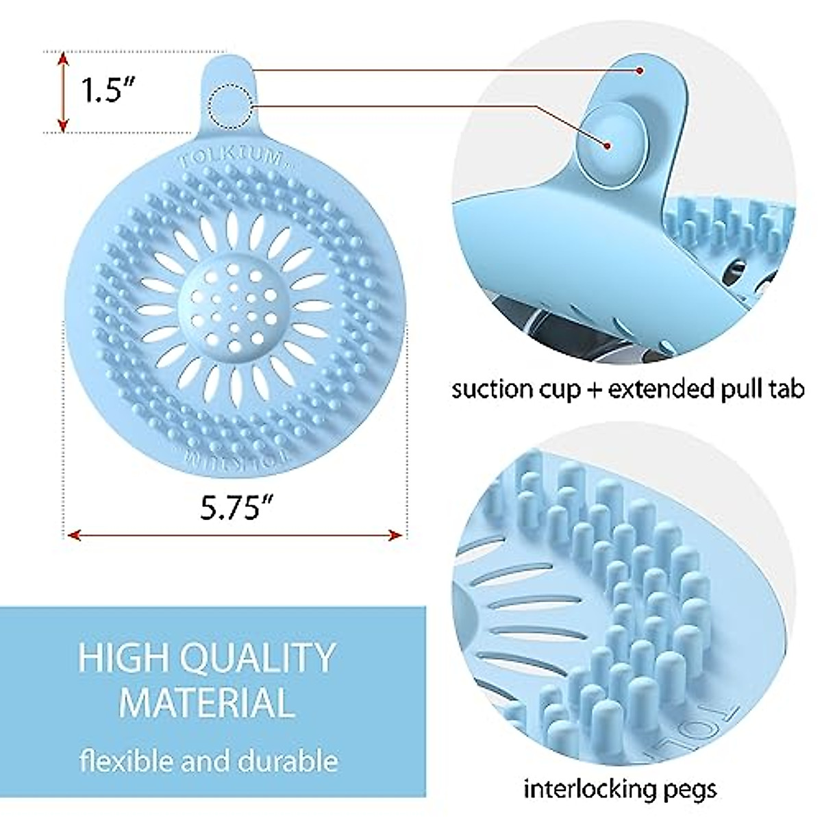 TOLKIUM Vibrant Drain Hair Catcher 5-Pack - Durable Silicone Like Shower Drain Cover Hair Catcher for Bath, Sink, Shower, and Bathtub - Home Essentials Drain Cover to Help Prevent Clogging