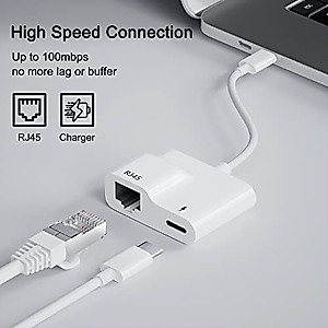AMLLEN USB C to Ethernet Adapter,USB C to RJ45 Adapter,Thunderbolt to Ethernet Adapter with 60W Charger Port,10/100 Mbps Ethernet Speeds.Compatible for Android/iPad/MacBook and More.