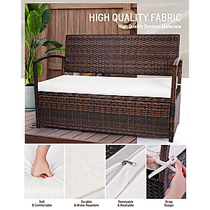 OYODHPDU 60 Gallon Outdoor Storage Bench- All Weather PE Rattan Deck Box- Deck Box w/Thick Seat Cushion- Patio Sofa Storage Bench with Cushion for Porch, Yard, Lawn, Garden (Brown)