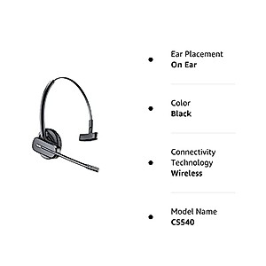 Plantronics - CS540 Wireless DECT Headset (Poly) - Single Ear (Mono) Convertible (3 Wearing Styles) - Connects to Desk Phone - Noise Canceling Microphone