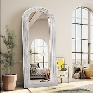 ZHUNFA Arched Full Length Mirror with Solid Wood Frame, 65x22 Farmhouse Wall Mirror Full Length with Stand, Rustic White