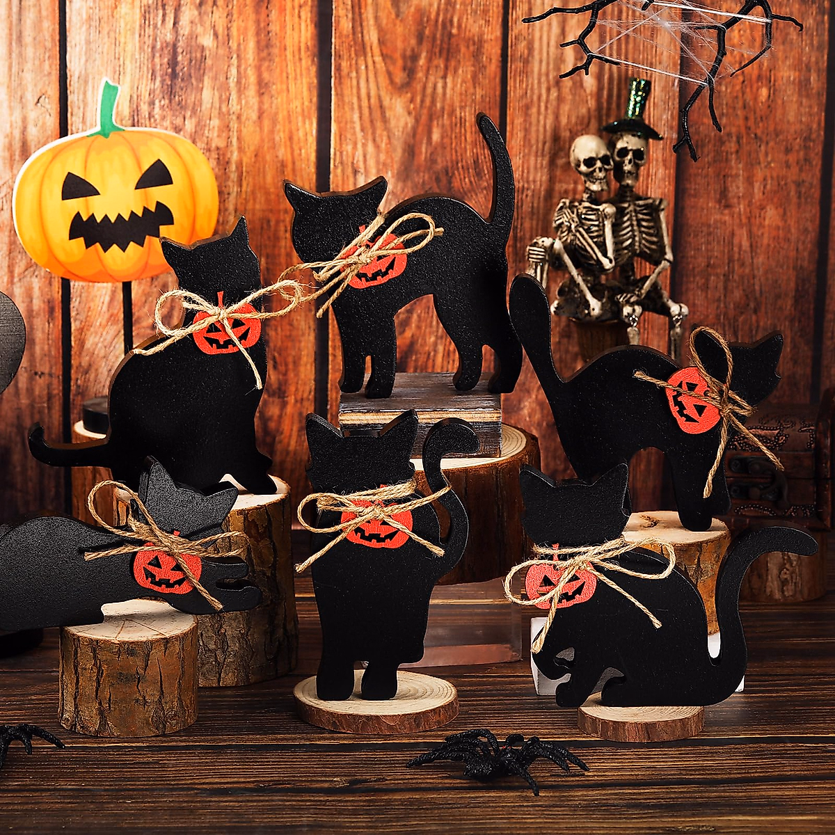 Pinkunn 6 Pcs Halloween Wood Decors with Pumpkin Black Cat Silhouette Decor Wooden Tiered Tray Sign for Home Table Mantel Party Centerpiece
