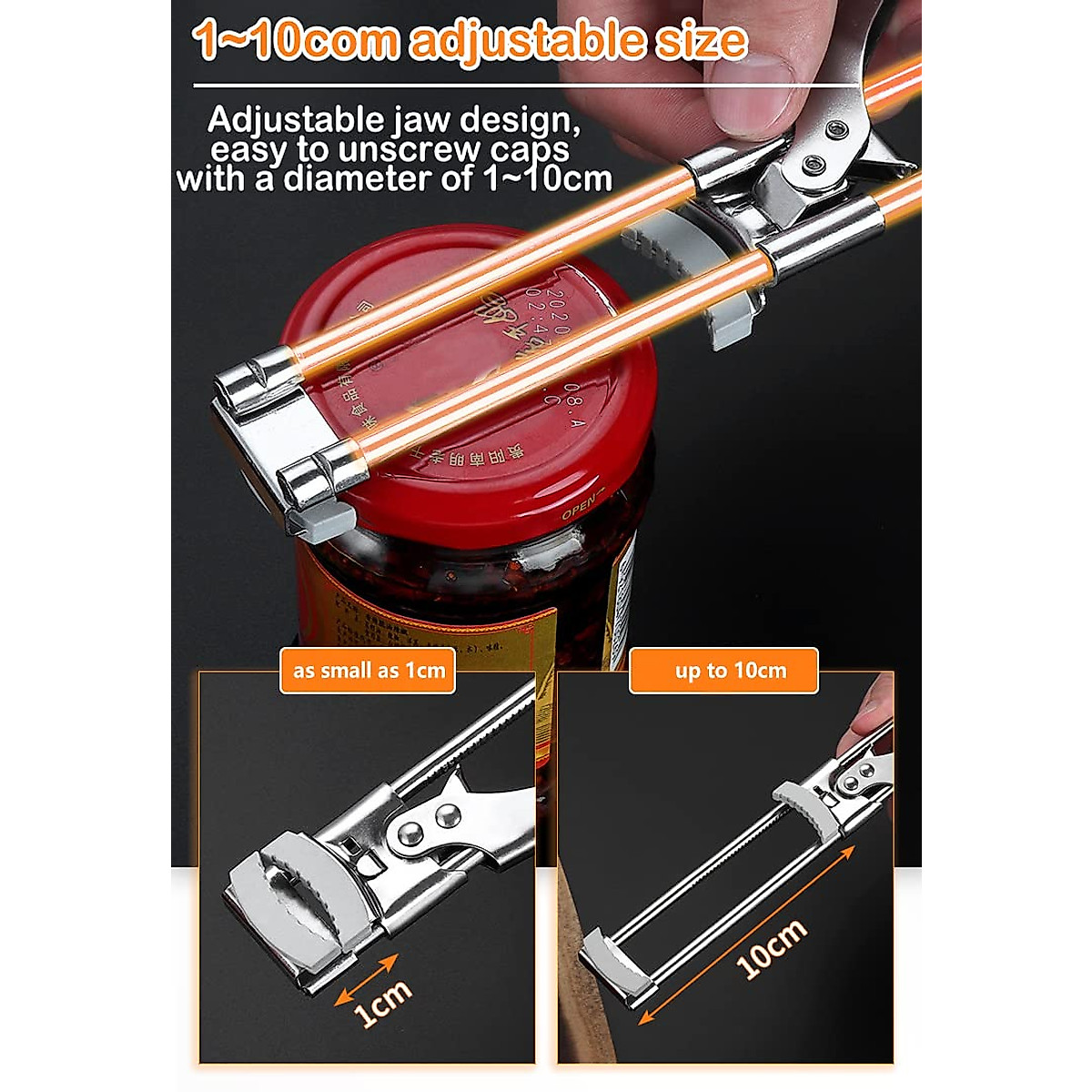 Adjustable Multifunctional Stainless Steel Can Opener，adjustable Stainless Steel Can Opener，fullofcarts Jar Opener for Weak Handsfor Any-size Lids (1pcs, 9in)