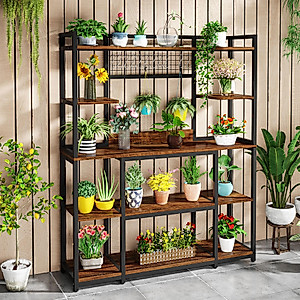 Tribesigns Large Bakers Rack, 55" Wide Kitchen Hutch Cabinet Microwave Stand with 11 Hooks, 5-Tier Baker’s Rack Kitchen Storage Shelf Rack with Hutch, Rustic Brown