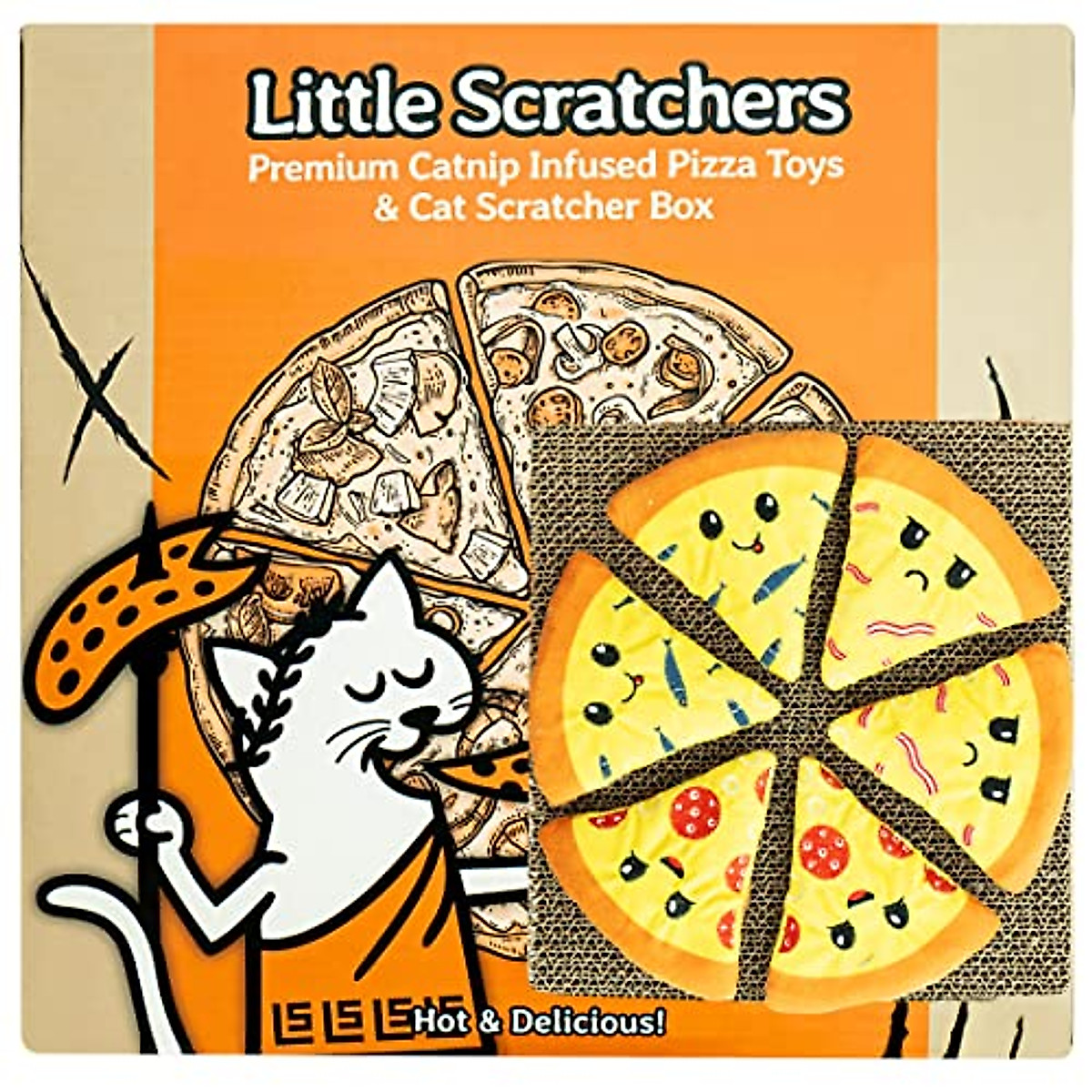 Little Scratchers Pizza Cat Toys (Large) - Includes 6 Pizza Catnip Toys & Thick Cardboard Cat Scratch Pad, Cat Gift Set, Funny Cat Gifts for Christmas, Cat Birthday Toys, Cute Cat Scratcher Toys