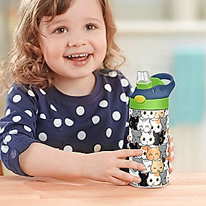 MCHIVER Cute Cat Kitten Cartoon Kids Water Bottle with Straw Insulated Stainless Steel Kids Water Bottle Thermos for School Girls Boys Reusable Tumbler 12 oz / 350 ml Green Top