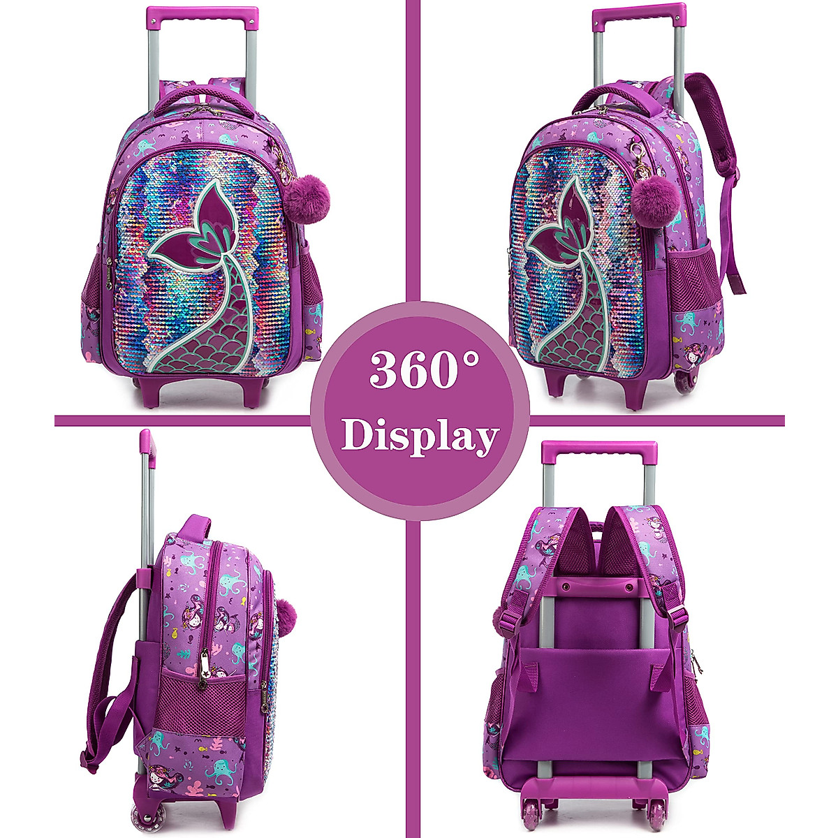 Mermaid Rolling Backpack for Gilrs Backpacks with Wheels for Elementary School Bag Trolley Trips Kids Luggage with Lunch Box for Preschool Students