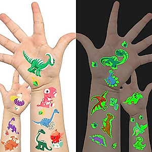 GLOW IN THE DARK: Easy to use: Choose your favorite dinosaur, tear it off, wet the fake tattoo with water, wait 20-30 seconds, and finally gently tear off the white surface. You will get a glowing