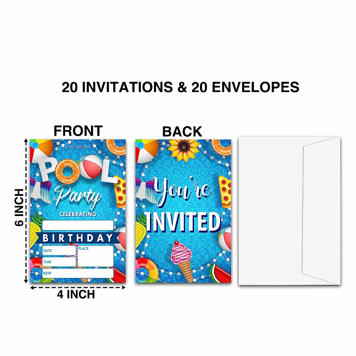 TIRYWT Pool Party Birthday Invitations with Envelopes(20-Pack), 4"x6" Fill-In Style Summer Swimming Pool Birthday Party Invites -A01