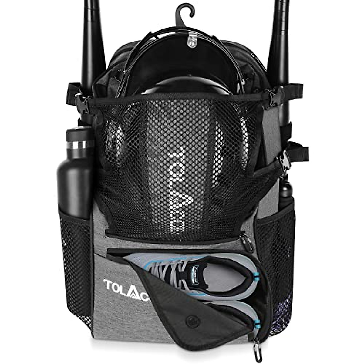 Youth Baseball Bag With Shoes Compartment and Fence Hook Holds Bat, Glove, T-Ball & Softball Equipment, Backpack for Boys and Girls (Grey)