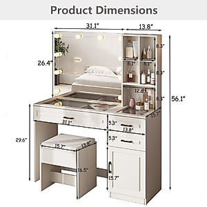 Fameill White Vanity Desk with Mirror and Lights,Glass Top Vanity Table with 3 Drawers and Cabinets,Large HD Mirror Makeup Desk,3 Lighting Modes, Brightness Adjustable,45 in(L)