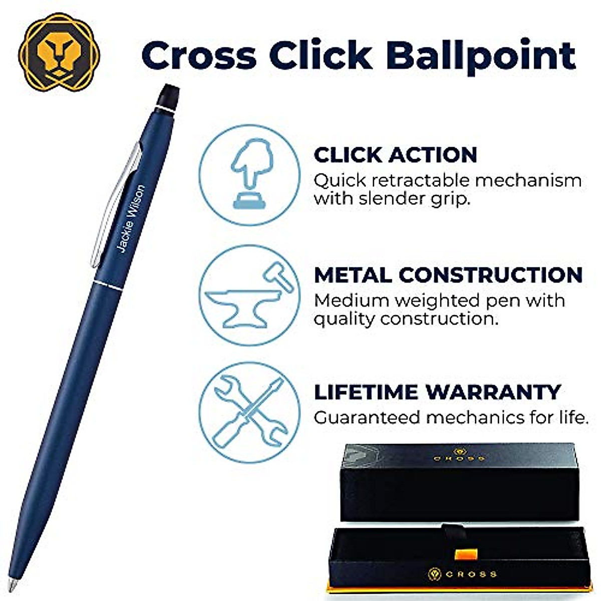 Dayspring Pens Cross Pen | Personalized Cross Click Ballpoint Pen - Midnight Blue. Custom Name Engraved. AT0622-121. Comes in Cross Gift Case. | Engraving