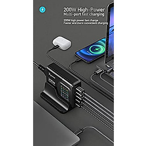 Hqeeun 200W USB C Charger GaN Chargers, 5 Ports Desktop Fast Charging Station with LCD Display, PD 100W PPS 45W QC 22.5W Power Adapter Compatible for iPhone,Samsung Galaxy,iPad,MacBook,Pixel