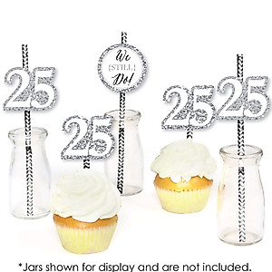 Big Dot of Happiness We Still Do Paper Straw Decor - 25th Wedding Anniversary Party Striped Decorative Straws - Set of 24