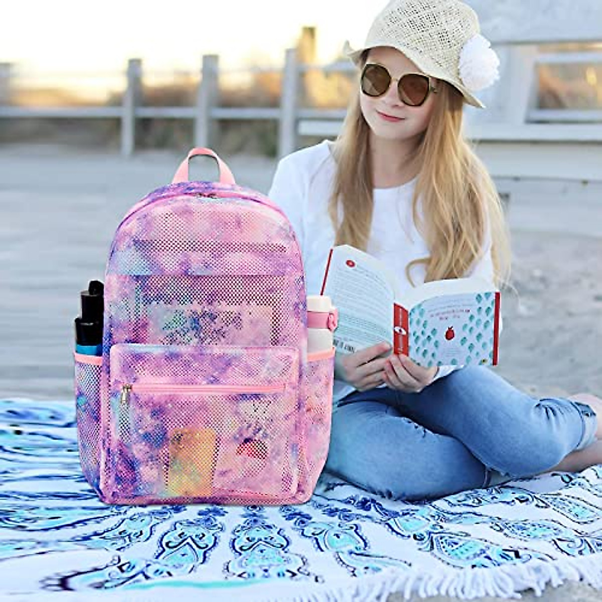 CAMTOP Mesh Backpack for Kids Girls Semi-Transparent See Through Sturdy School Bookbag Casual Daypack for Beach Swim Work Gym (Tie Dye Pink)