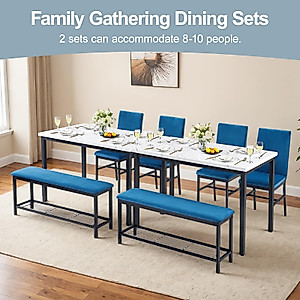 BTMWAY Dining Table Set for 4,47.2" Marble Grain Table,2 Upholstered Velvet Chairs with Reinforced Structure,1 Bench with Storage Metal Net,for Small Kitchen,Apartment Room (Blue)